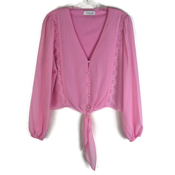 Wayf | Tops | Wayf Lace Trim Knotted Long Sleeve Blouse In Pink | Poshmark
